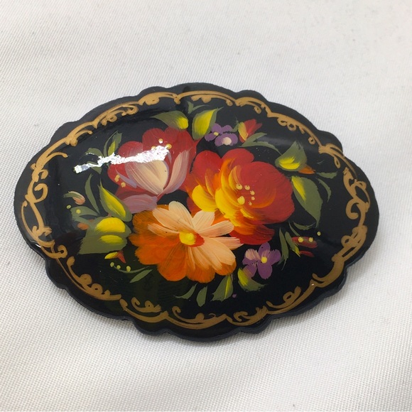 JW | Jewelry | Vintage Jw Signed Tole Painted Lacquered Floral Brooch ...